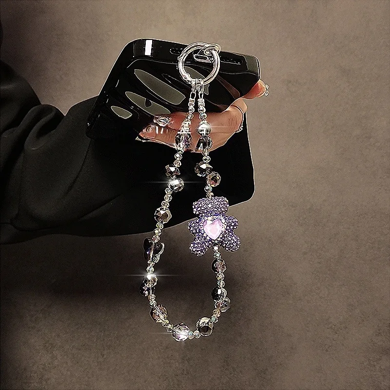 Luxury high-end full-diamond cartoon bear mobile phone lanyard beaded ...