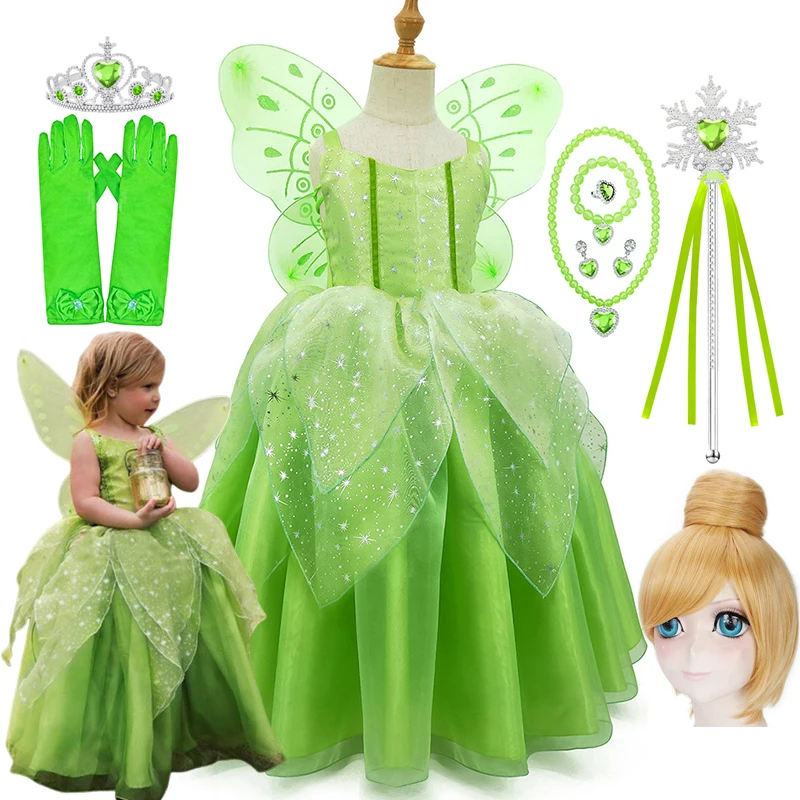 Kids Girls Tinker Bell Costume Kids Green Fairy Princess Tinkerbell ...