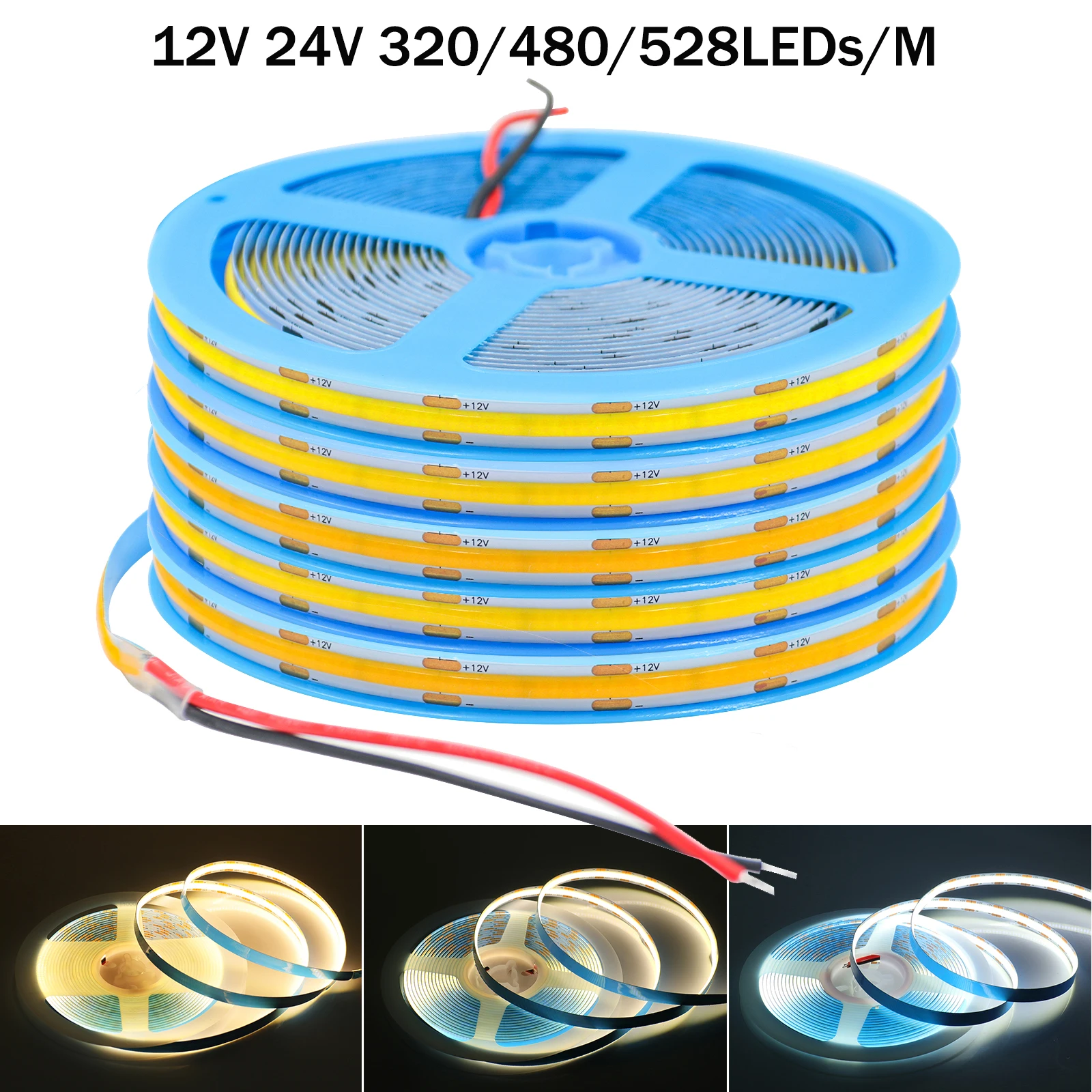 12V 24V COB LED Strip Light 320LEDs 480LEDs 528LEDs High Density Linear ...