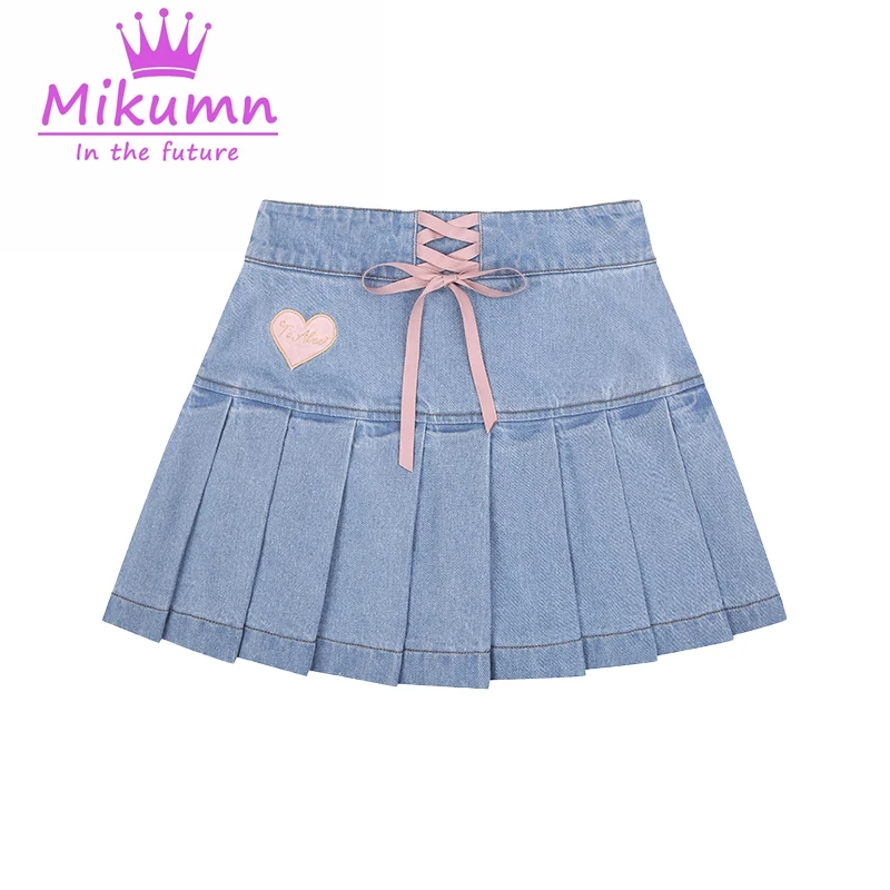 Harajuku Denim Mini Skirt Women High Waist Bow Lace-up Pleated Skirt ...