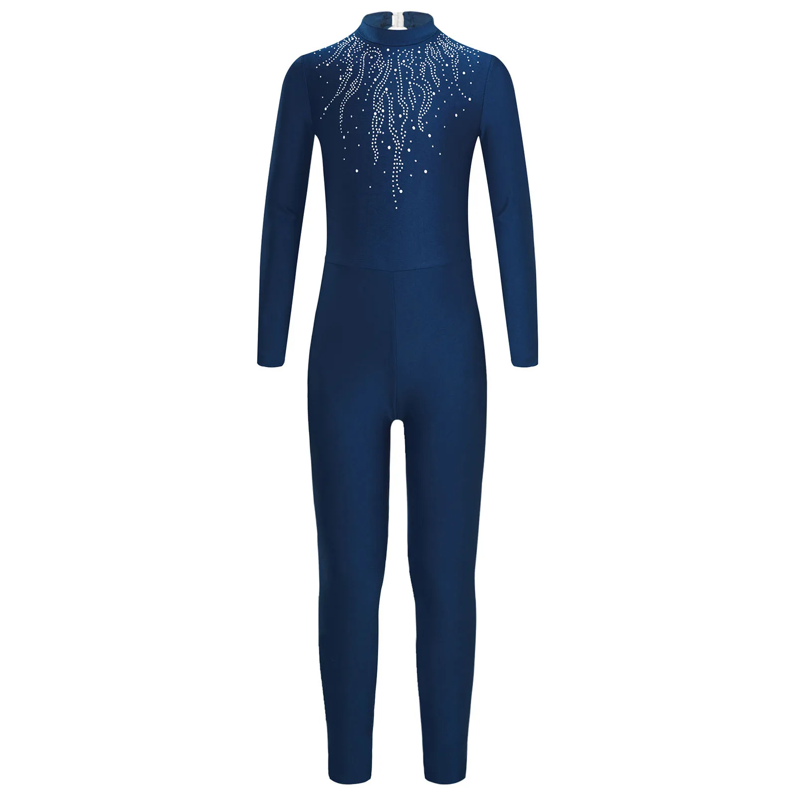 Kids Girls Glittery Rhinestones Gymnastics Jumpsuit Keyhole Back Long ...
