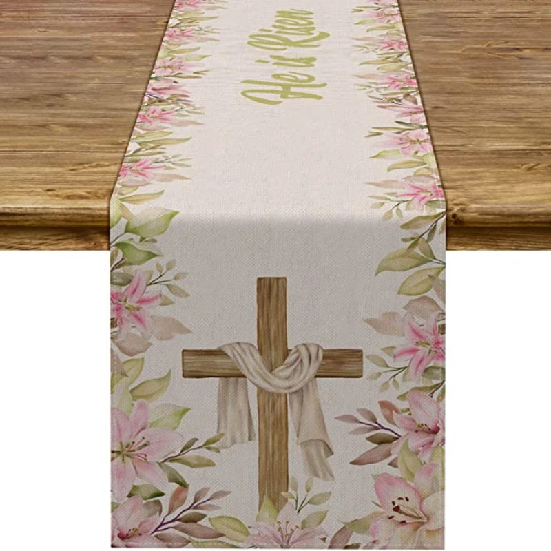 He-Is-Risen-Table-Runner-Easter-Christian-Cross-Resurrection-Lily ...