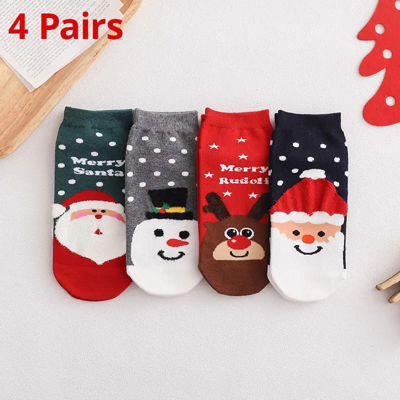 4 Pairs Of Autumn And Winter Christmas Socks Feather Yarn Santa Cartoon ...