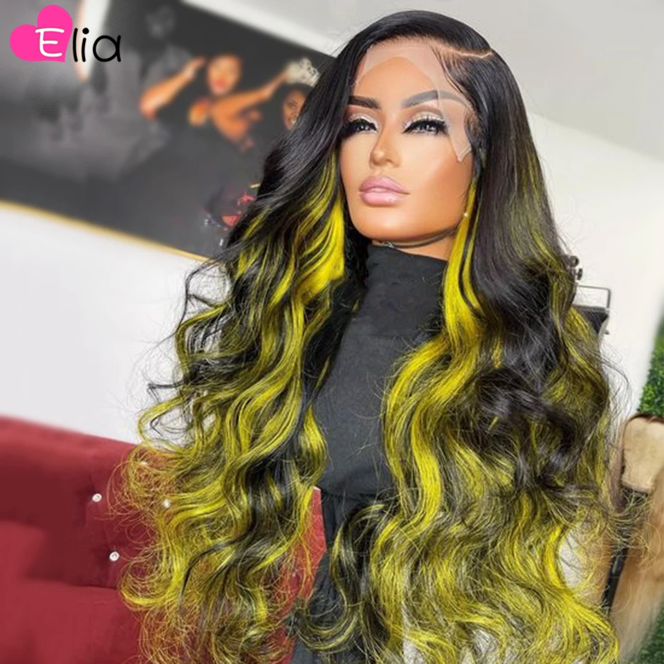 Ombre Yellow Coloed Human Hair Wig 4x4 5x5 Lace Closure Body Wave Wig ...
