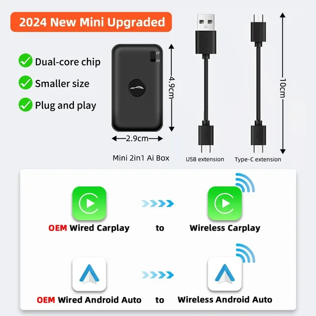 LED Mini 2in1 Wireless Carplay&Android Auto Adapter for Car Play Wired ...