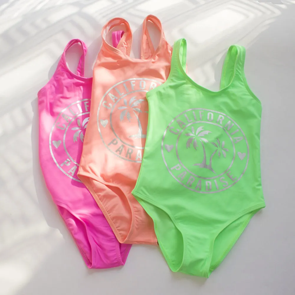 Letter Graphic Print Girl One Piece Swimsuit Kids High Cut Children's ...
