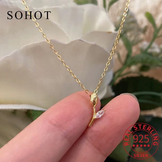 Real 925 Sterling Silver Zircon Tulip Pendant Necklaces for Women Cute ...