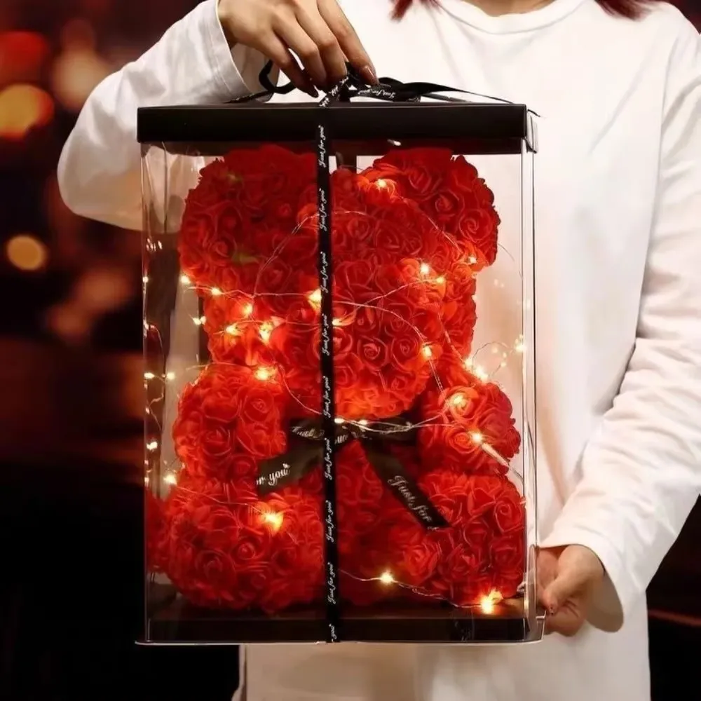 25cm Artificial Teddy Rose Flower Bear with Box Romantic Valentines Day ...
