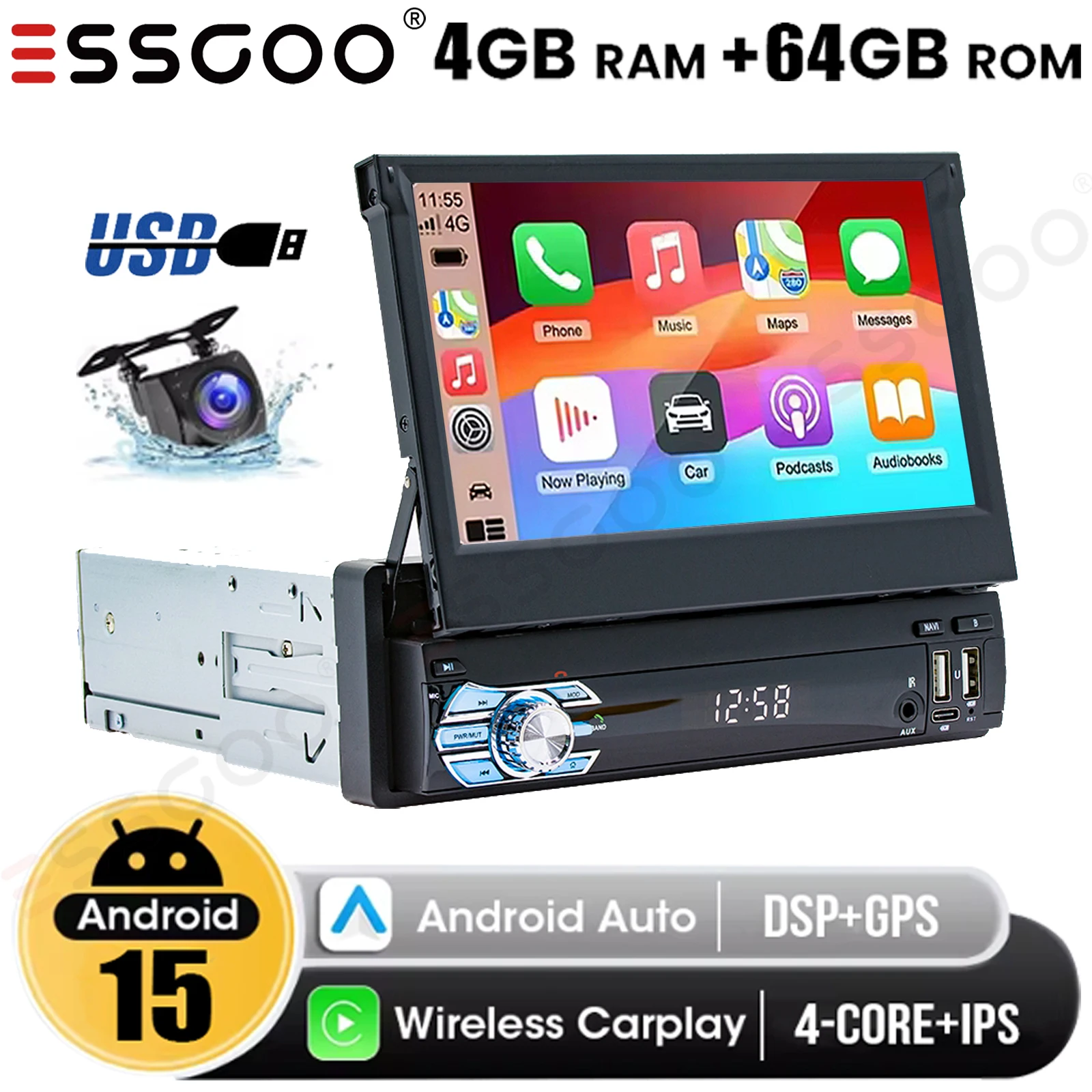 7" Single 1 DIN Android 15 4+64GB Flip Out USB Car Stereo Radio Touch ...