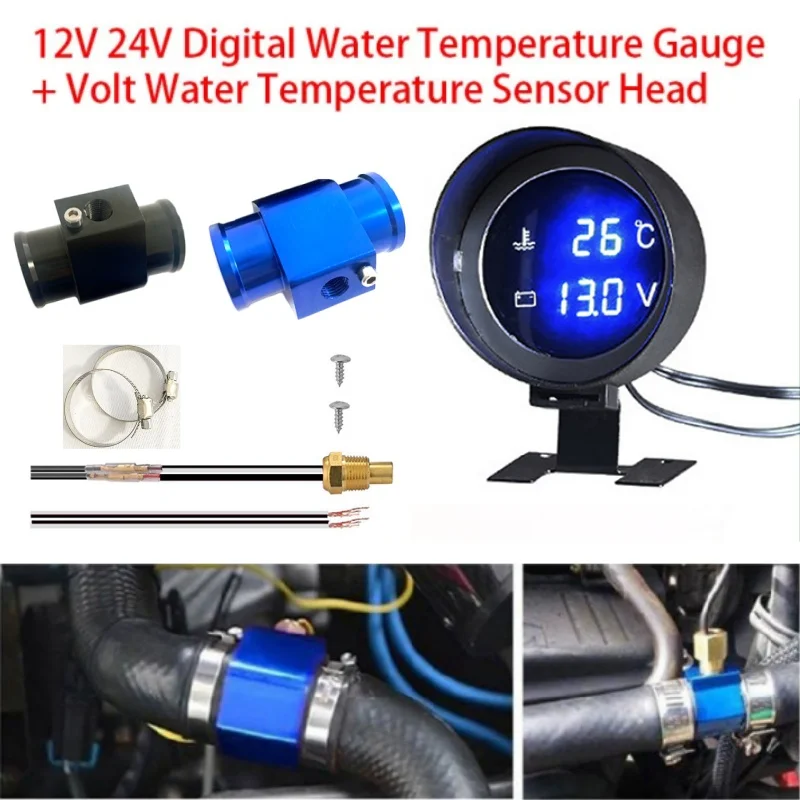 2 in 1 Car Truck Temperature Sensor Round LED Digital Water Temp Gauge ...