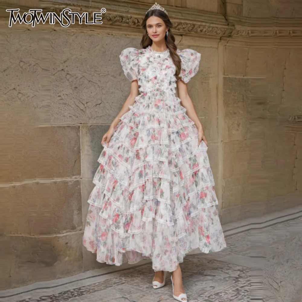 TWOTWINSTYLE-Elegant-Colorblock-Printing-Mesh-Dress-For-Women-Round ...