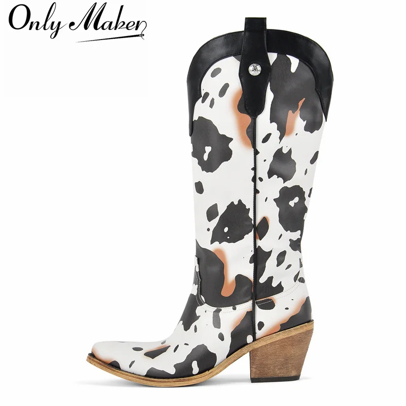 Onlymaker Women Pointed Toe Cow Print Knee High Western Boots Mid Calf ...