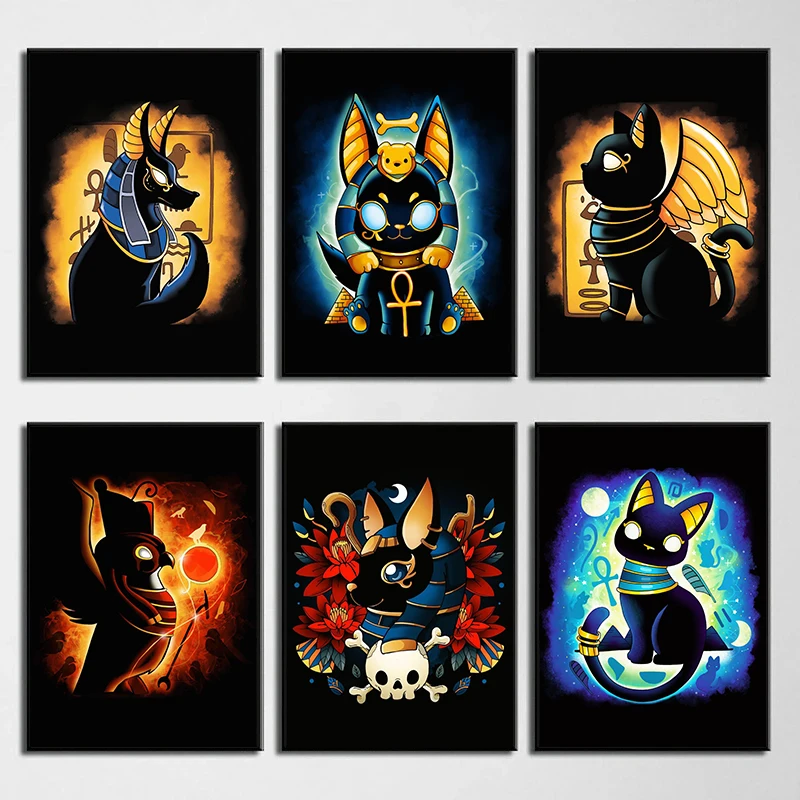 Egypt-Culture-Cartoon-Poster-Cats-Egyptian-Bastet-God-Anubis-Print ...