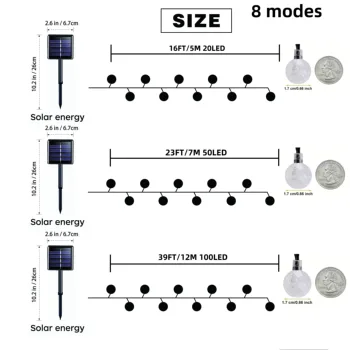 1 Pack 64FT IP65 Crystal Globe Solar String Lights 100 LED 8 Lighting ...