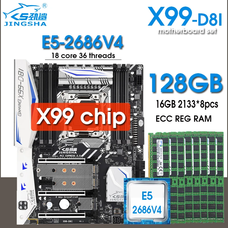Jingsha – Carte Mère X99 D8i, Kit Lga2011-3 Avec Processeur Xeon E5 2686 V4, 128 Go (8x16 Go) De ...