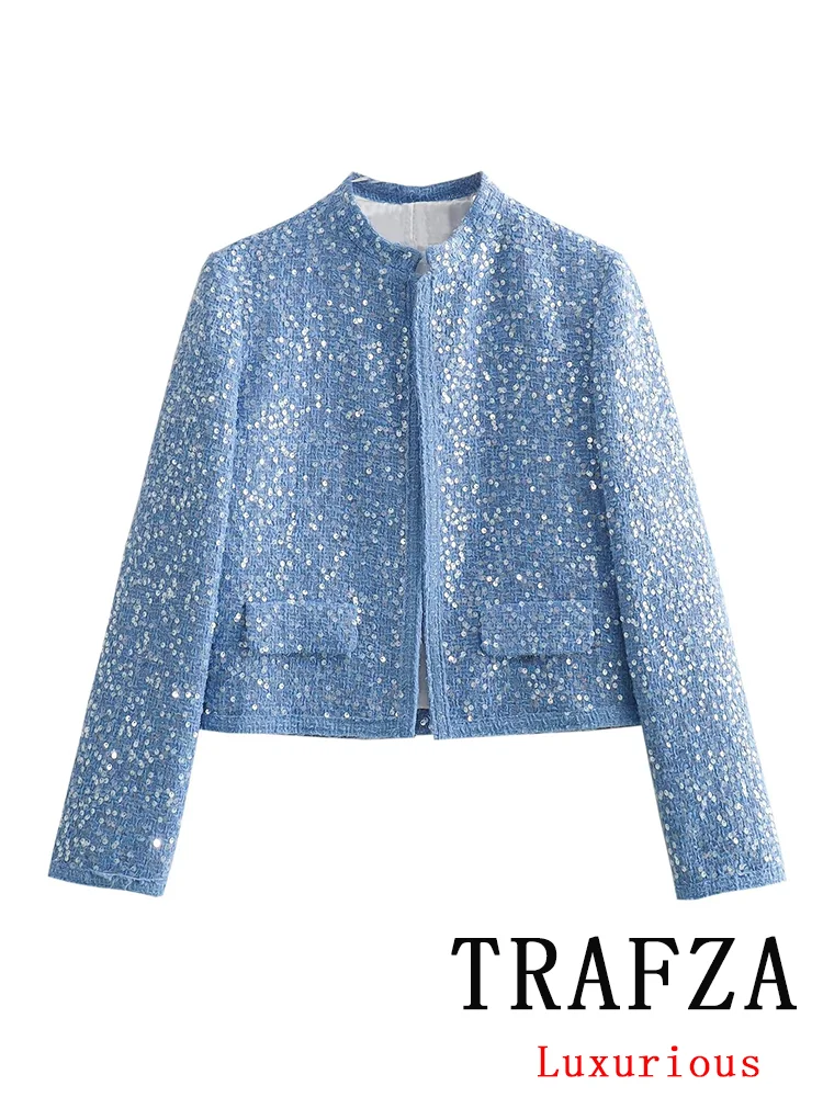 TRAFZA-Jaqueta-chique-casual-vintage-feminina-lantejoulas-azuis-s-lidas-casacos-curtos-com-gola ...