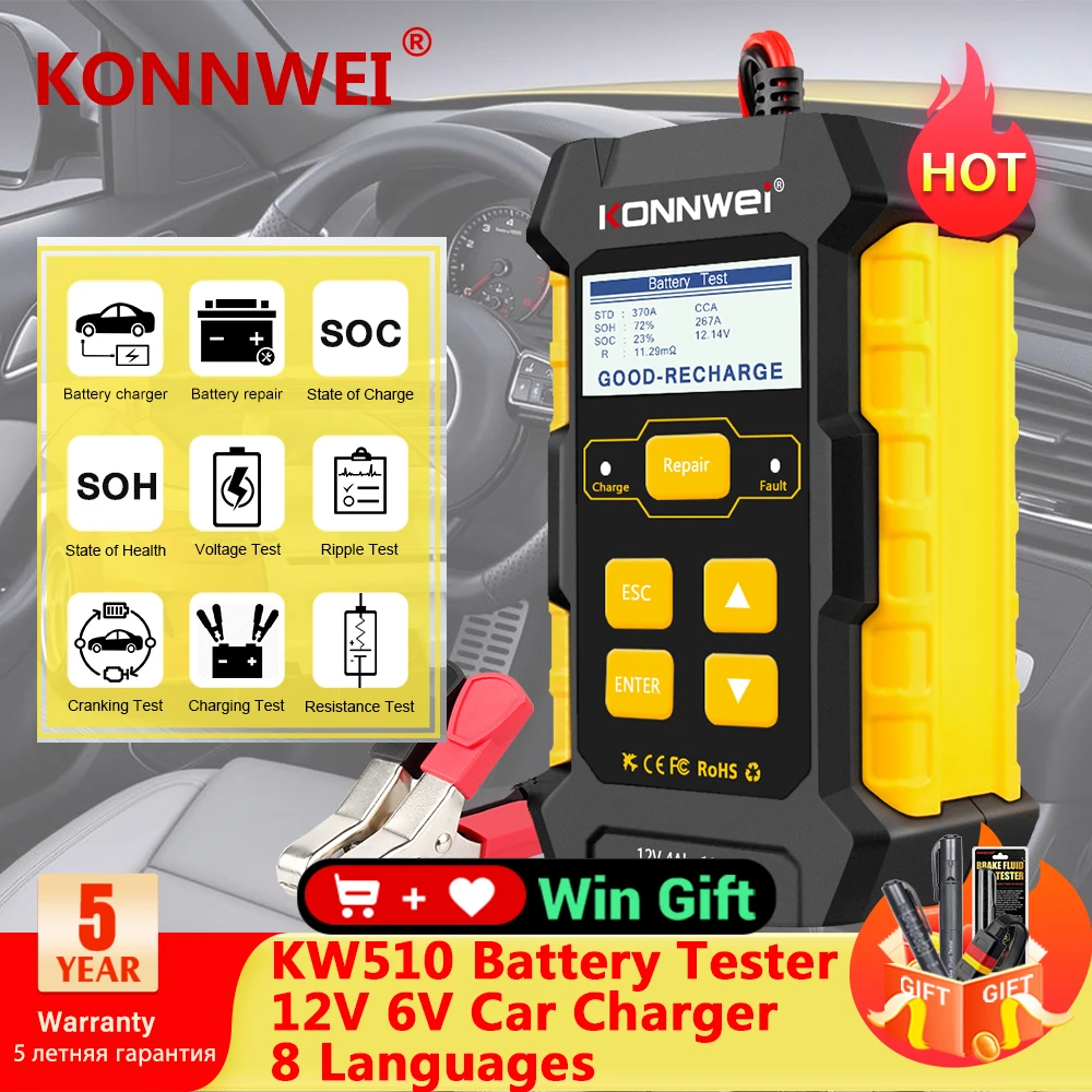 Konnwei Car Charger 12v 6v Kw510 Battery Tester 5a Gel Battery Charger ...