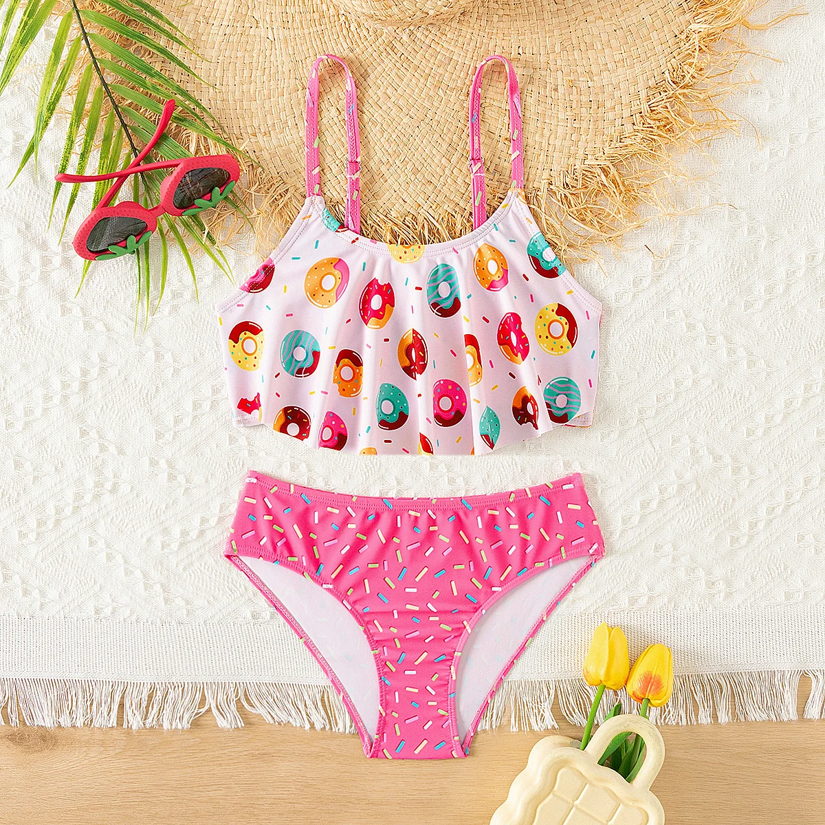 Kids-Donuts-Imprimir-Ruffle-High-Stretchy-Bikini-Set-Swimwear-Ajust-vel ...