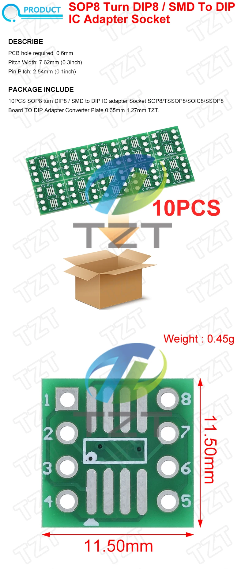 TZT 10 шт. SOP8 Turn DIP8 SMD-адаптер DIP, разъем SOP8/TSSOP8/SOIC8 ...