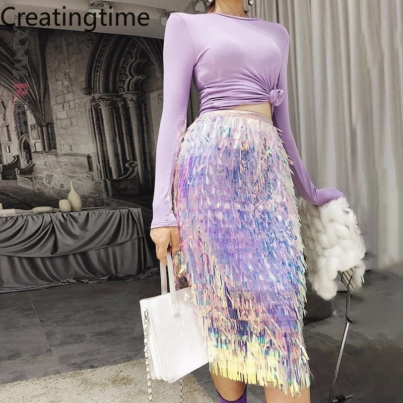 Creationtime 한국 여성 스티칭 술 스팽글 스커트 솔리드 컬러 탄성 하이 웨이스트 A word all match ...