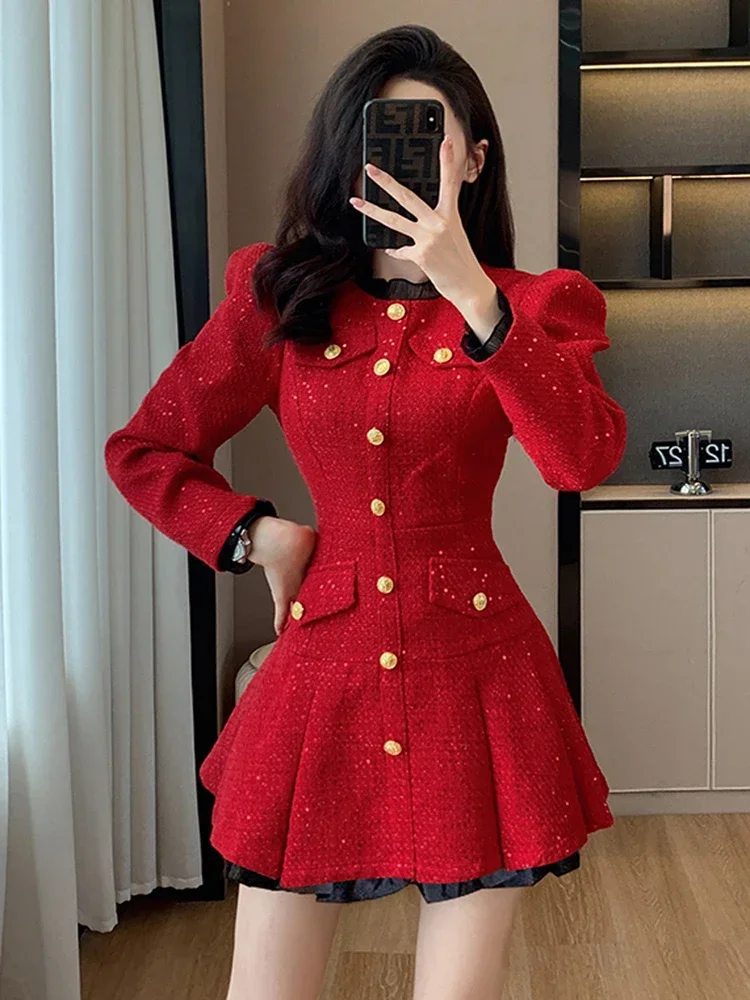 New-High-Quality-Red-Tweed-Dress-Women-Autumn-Winter-Gold-Button ...