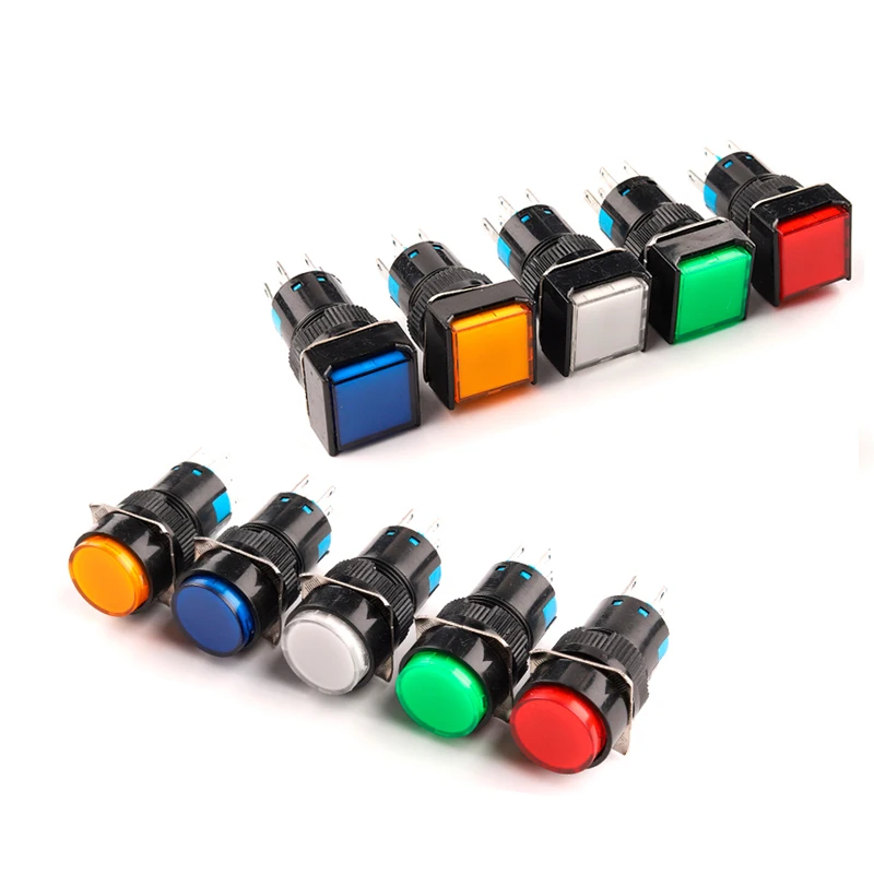 LA16 Series Push Button Switch With Light Indicator 5/8 Pin Square ...