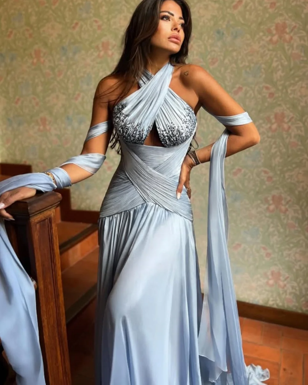 Customized Elegant Matching Chiffon Beading Ruched Straight Halter Long ...