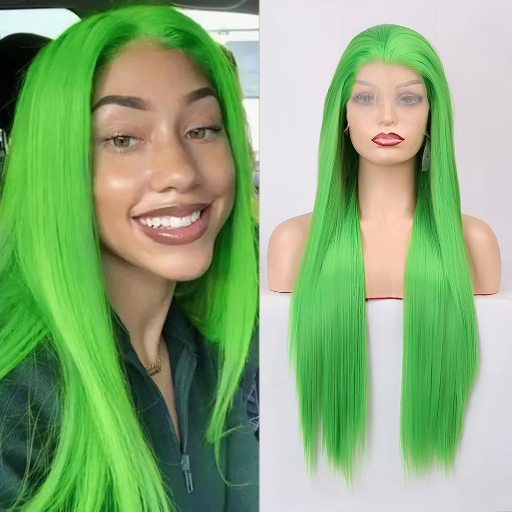 Grass Green Wig Synthetic Lace Front Wig For Women Long Straight Hair ...