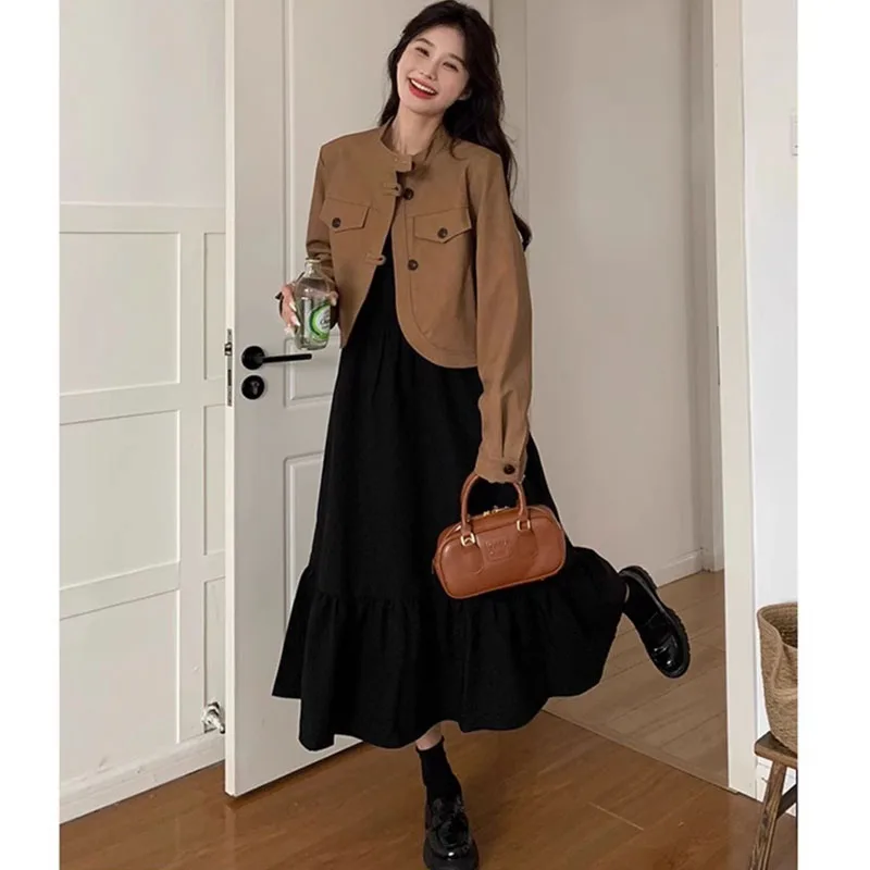 Coffee-Coat-Sets-Two-Piece-Dress-For-Women-Autumn-Korean-Style-Long ...