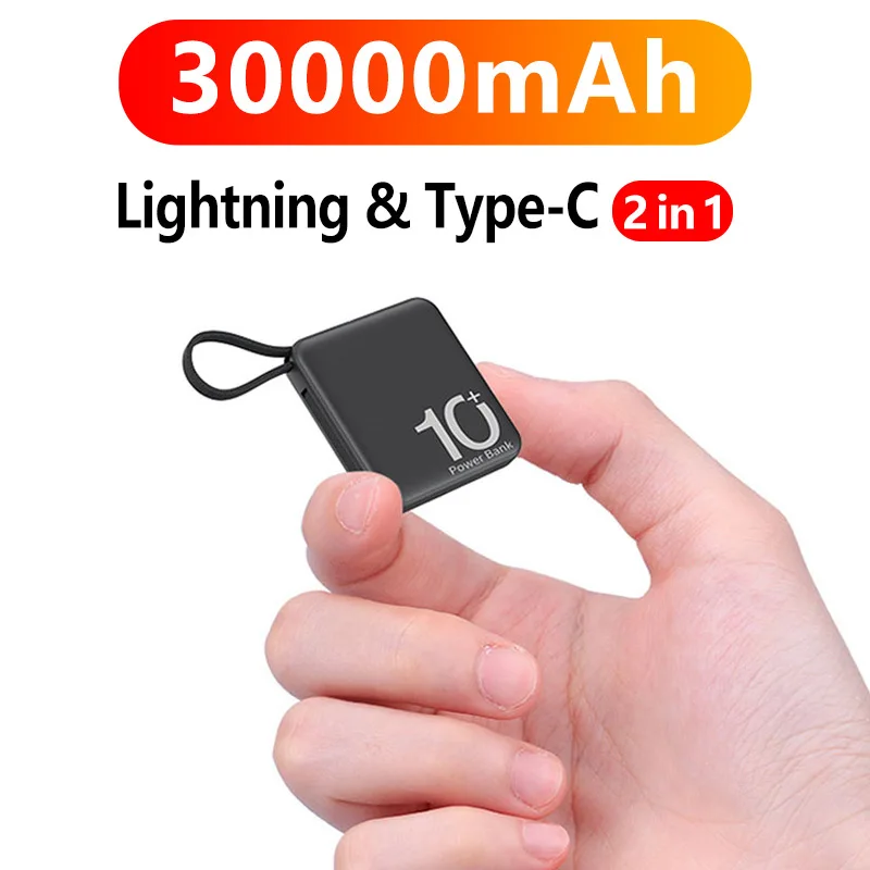 Mini Power Bank 30000mAh Portable External Battery Pack Built in Cable ...