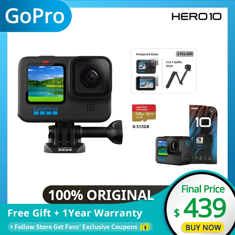 Gopro Hero 10 Black Action Camera 5.3k Screen Sports Camera 23mp Gp2 Waterproof Mini Video ...