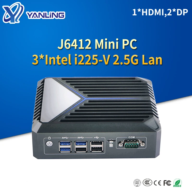 New J6412 Quad Core Win10 Mini PC 3 Intel i225-V 2.5G Lan 1HD 2DP Triple Display Fanless Micro ...
