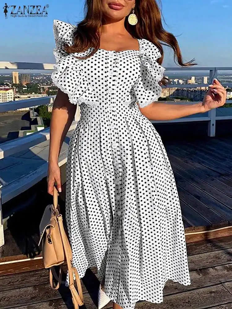 Casual Spitze Rüschen Maxi Robe 2023 Chic Party Hemd Kleider ZANZEA Sommer Urlaub Sleeveless ...