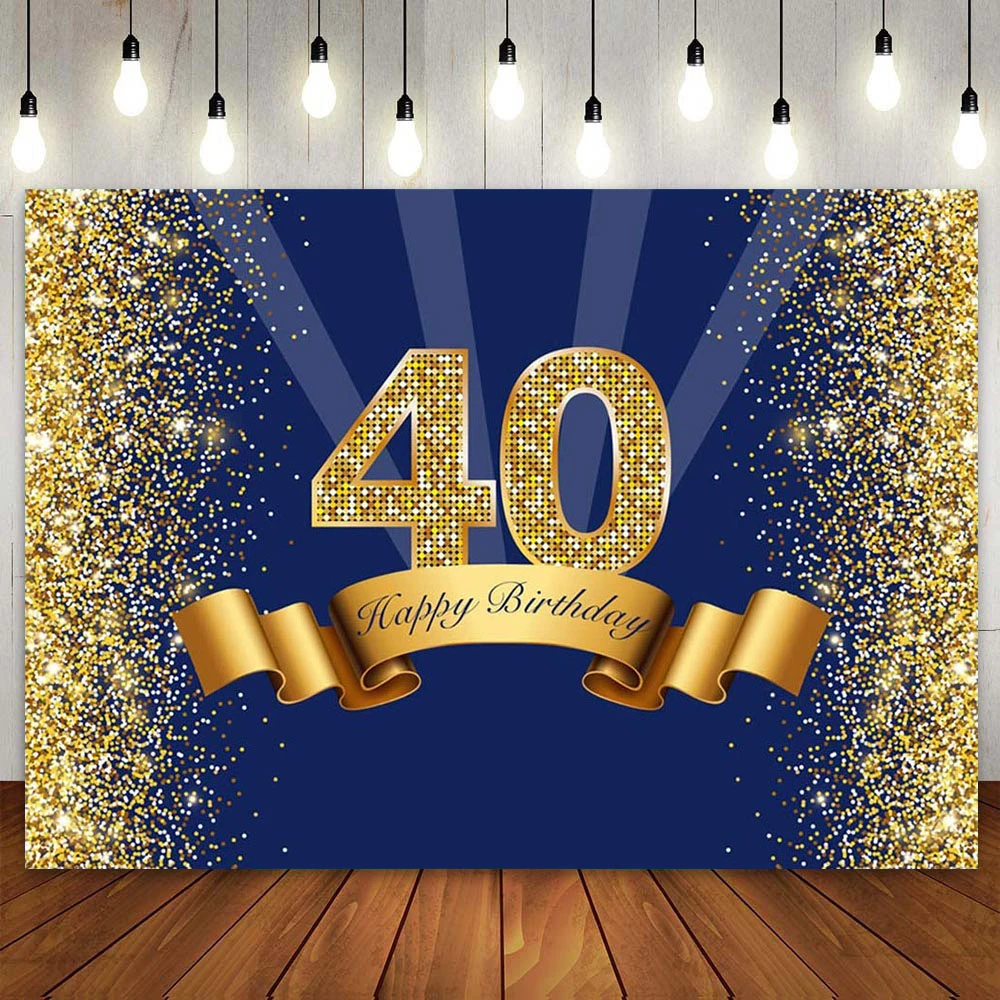 Happy 40th Birthday Party Backdrop Photography Background for Men Women Blue Gold Photo 40 Years ...