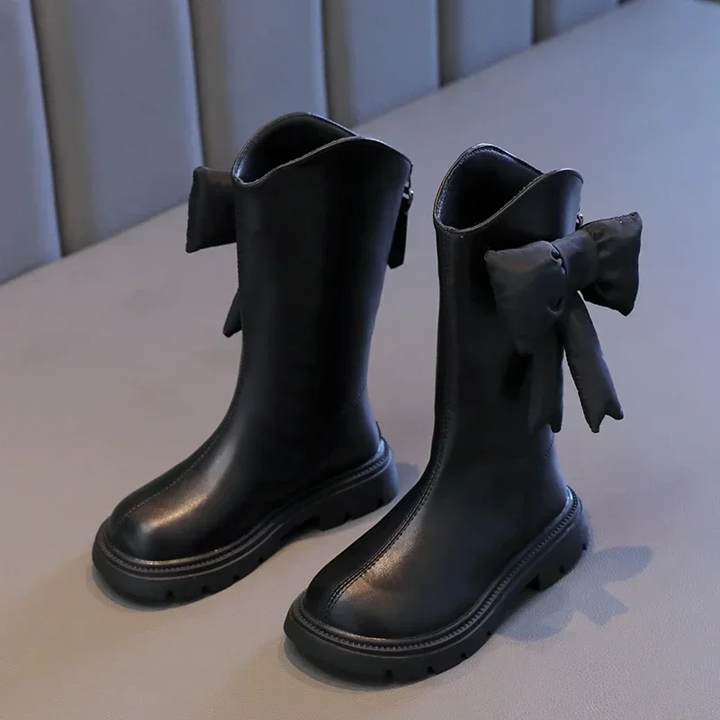 Girl-s-Long-Boots-Black-Pu-Leather-Bowtie-Chunky-Fashion-Children ...