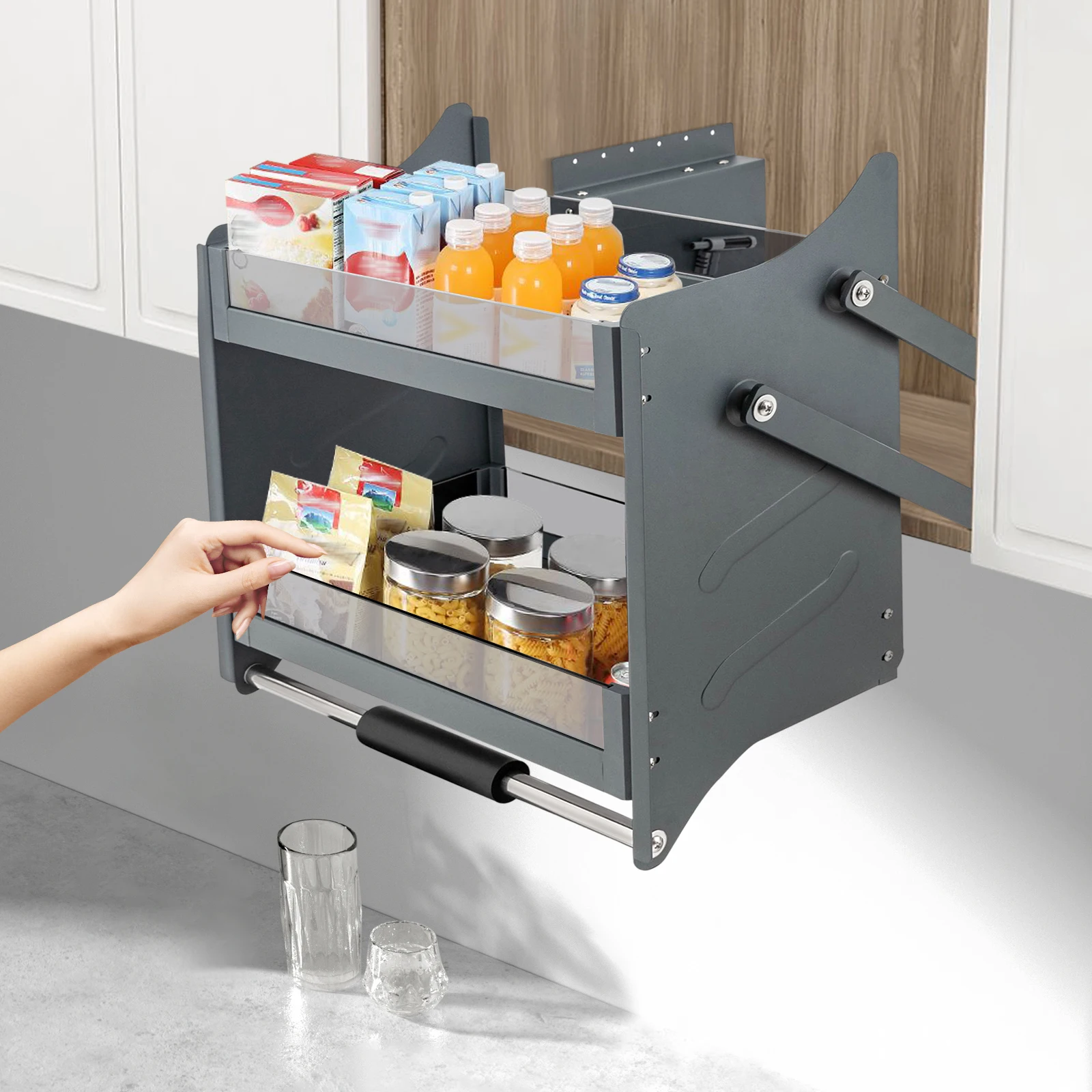 Pull-Down Cabinet Organizer Shelf, Adjustable Resistance, 2-Tier ...