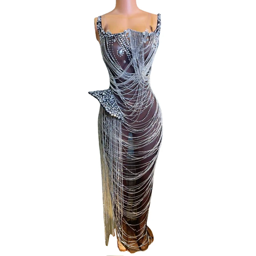 Luxrious Rhinestones Chains Crystals Long Dress Sexy Mesh See Through ...