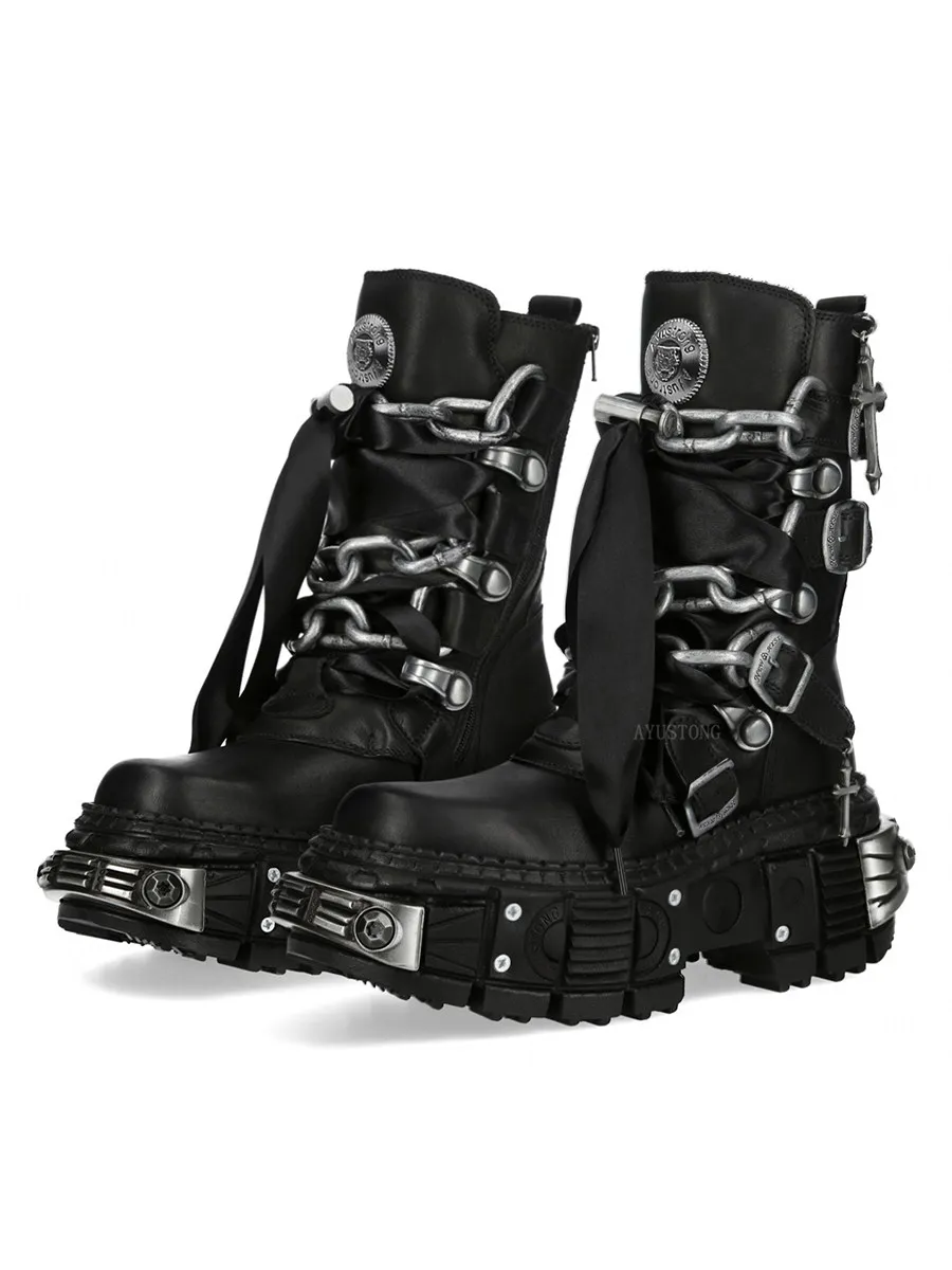 Thick Sole Metal Studded Chain Motorcycle Boots 2026 New Round Toe ...
