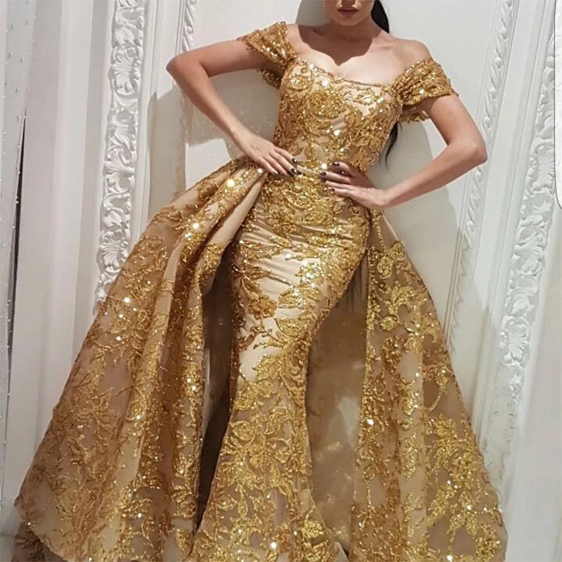 Luxury Gold Evening Dress Women Off Shoulder Sequin Evening Gowns Dubai ...