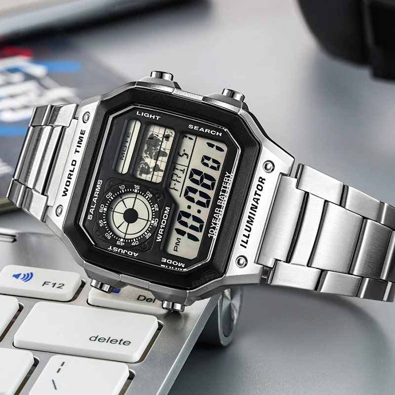 Men Watches Waterproof LCD Colorful Cold Light Watch Stainless Steel ...