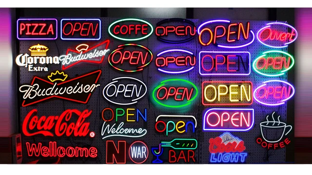 Open Letrero Glowing Neon Teken Met Glitters Gesloten Stockvector Door