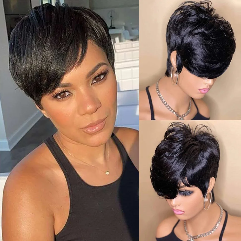 Pixie-Cut-Full-Machine-Made-Wig-With-Bangs-Pre-Plucked-Straight-Pixie ...