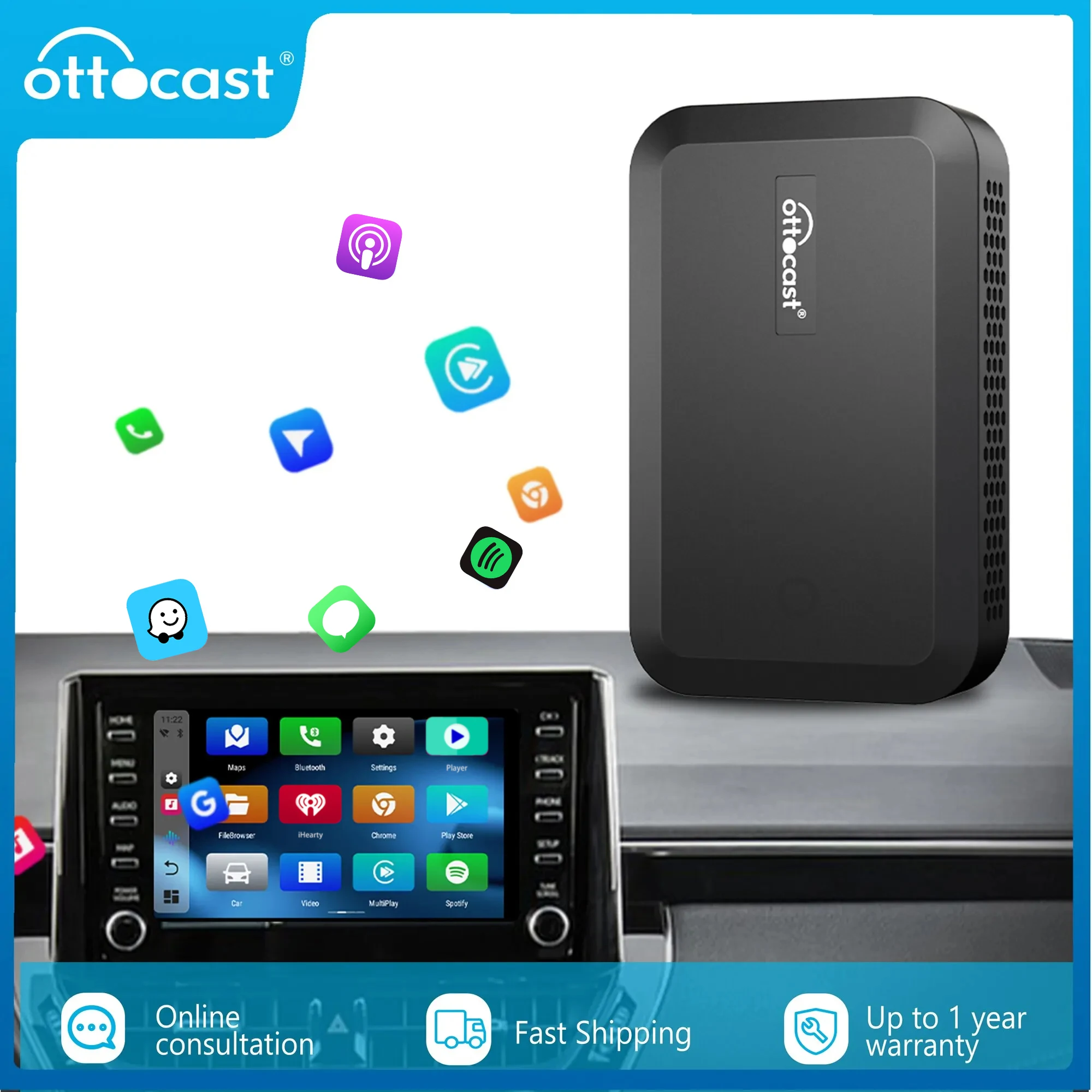 OTTOCAST PICASOU 2 PRO Wireless Android Auto CarPlay AI Box for North American Version HDMI for ...