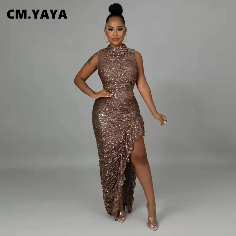 Cm.yaya Women Sequined Ruffles Hem High Side Split Irregular Bodycon ...