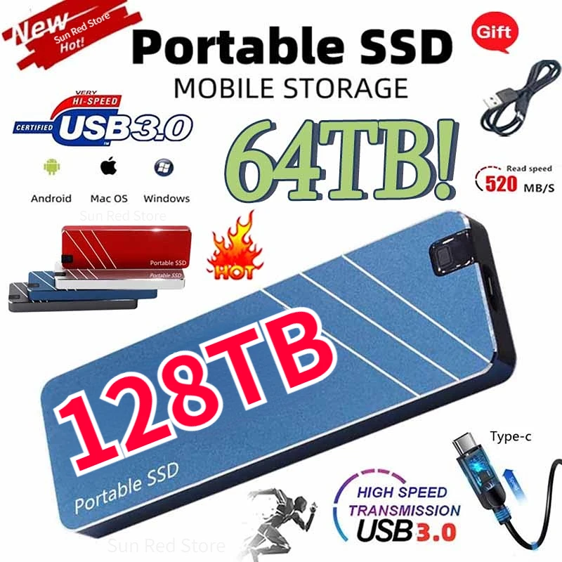 2023 오리지널 휴대용 SSD, 고속 500GB, 4TB, 8TB, 16TB, 64TB, SSD 외장 솔리드 스테이트 드라이브, USB3.0, c타입 하드 디스크 ...