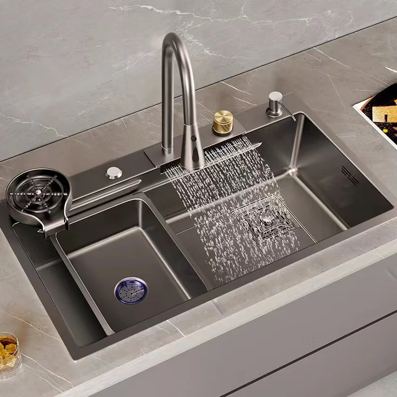 New Nano Gun Gray Kitchen Sink with Waterfall 304 Stainless Steel 3mm ...