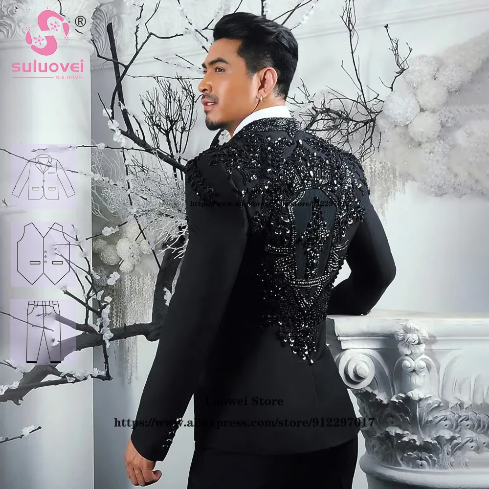 Luxury Shiny Beaded Applique Tuxedo Suits For Men Wedding 3 Piece Pants ...