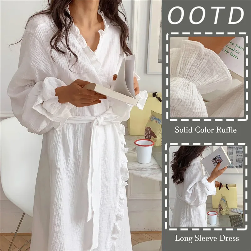 Bathrobe Women Ruffles Long Sleeve Korean Style Sweet Robe White ...