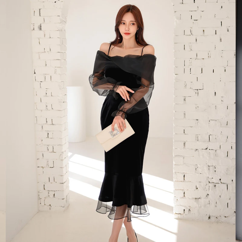 French-sle-Gold-Velvet-Sling-Dress-High-Sense-Frill-Sheath-off-Shoulder ...