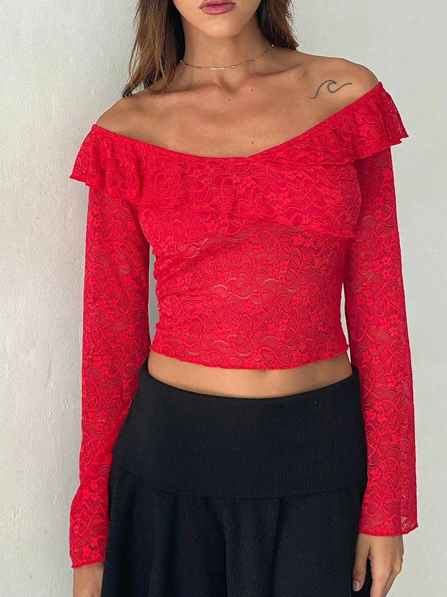 Women-Lace-Ruffles-Crop-Tops-Blouse-Vinatge-Autumn-Off-Shoulder-Long ...